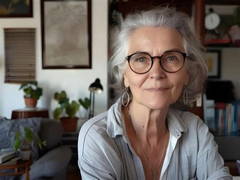 Indoor Head Shot Portrait Of Serious Positive Old Mature Woman In Casual Looking At Camera