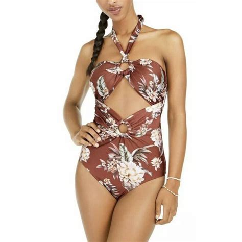 Bar Iii Womens Cutout Halter One Piece Swimsuit Luau Depop