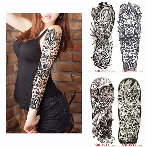 1pcs 큰 방수 전체 팔 문신 스티커 가짜 문신 슬리브 잉크 죽음 해골 바디 아트 남성 여성을위한fake Tattoo