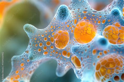 Microscopic View Of Interconnected Cells With Orange Vesicles