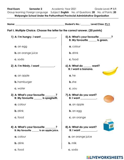 P1 English Final Test Term 2 2021 Worksheet Live 46 Off