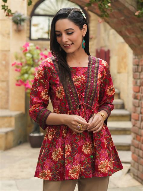 Buy Rain And Rainbow Floral Print Pure Cotton Peplum Top Tops For Women