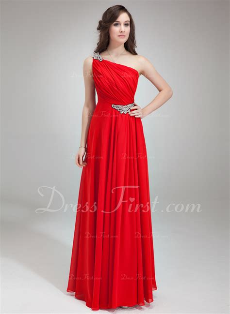 A Line Princess One Shoulder Floor Length Chiffon Evening Dress With