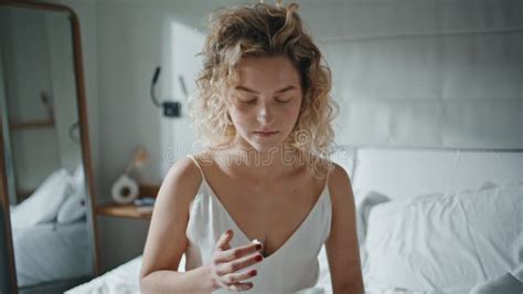Relaxed Girl Massaging Cream In Body Closeup Closeup Woman In Self