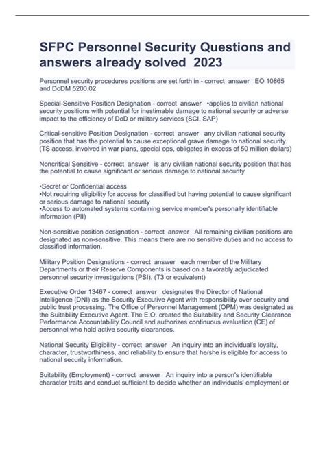 Sfpc Personnel Security Procedures Questions With Correct Answers 2023 2024 Sfpc Stuvia Us