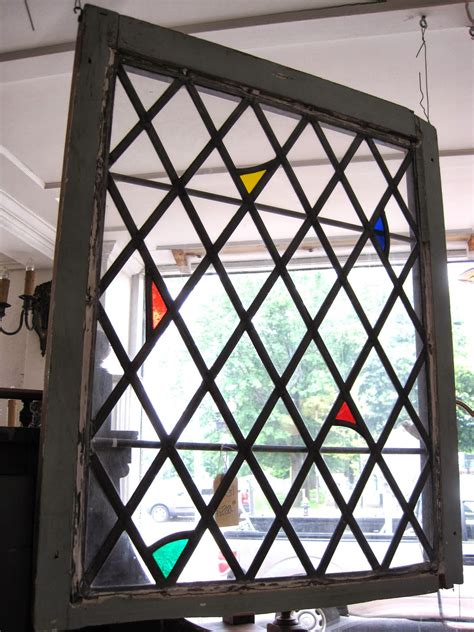 Unusual Diamond Style Leaded Glass Window With Stained Glass Highlights