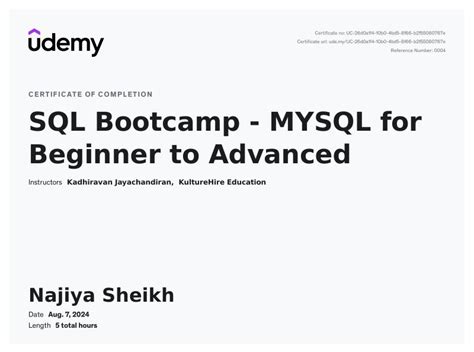 najiya sheikh on linkedin udemy certificate sqlcertificate