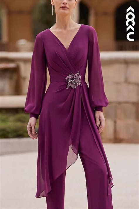 M6216 Elegant Couture V Neck Long Sleeves Two Piece Chiffon Mother Of