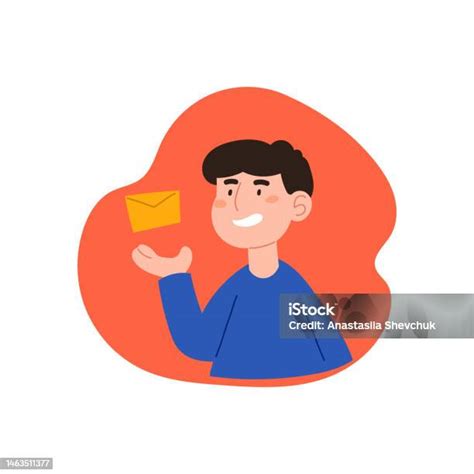 봉투를 든 남자 편지 메일 메시지 이메일 받은 편지함 사서함 종이 클립 화재 목록 스탬프 첨부 첨부 파일 통신 개념입니다 플랫 스타일 흰색 바탕에 파란색 티셔츠를 입은 소년