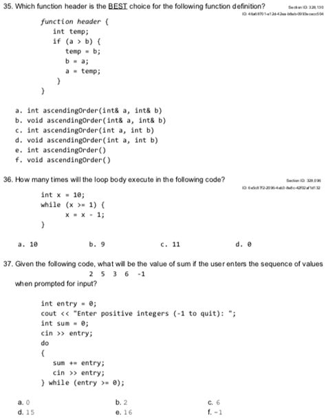 Solved 35 Which Function Header Is The Best Choice For The