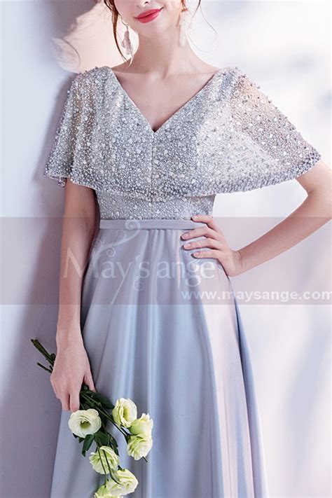 Robe Chic Longue Pour Mère De La Mariée Argenté Décolleté V Pailletés