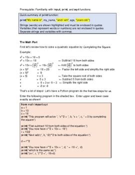 COMPLETING THE SQUARE PYTHON PROGRAMMING ACTIVITY By CollegeMathComputers