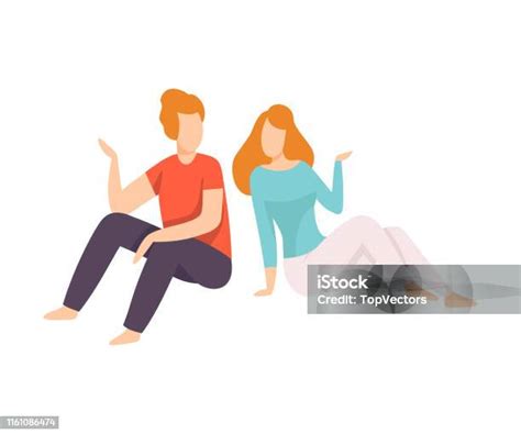 젊은 남자와 여자 옷을 입고 캐주얼 의류 앉아 서 말하기 사람들 말하기 하기 각각의 다른 벡터 그림 말하기에 대한 스톡 벡터