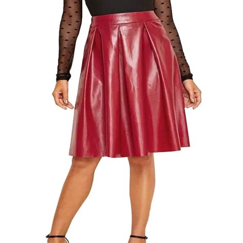 Red Kilt Style Leather Skirt Above Calf Women Genuine Leather Skirt