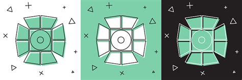 흰색과 녹색 검은 색 배경에 격리 된 영화 스포트라이트 아이콘을 설정합니다 라이트 효과 장면 스튜디오 쇼 벡터 일러스트레이션