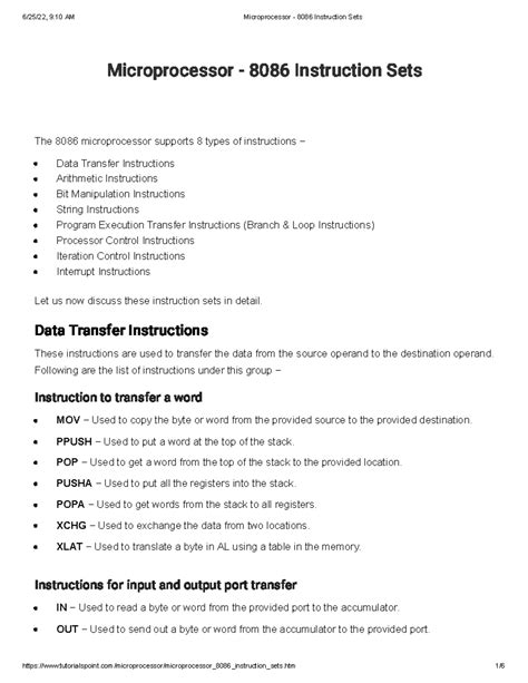 Microprocessor 8086 Instruction Sets Data Transfer Instructions