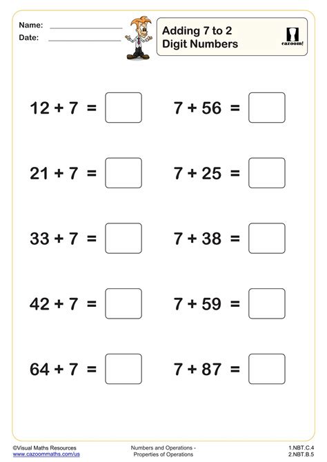 Adding 7 To 2 Digit Numbers 10 Questions 1st Grade Pdf Addition