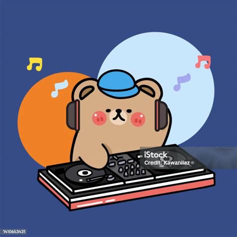 만화 캐릭터 곰 Dj 믹싱 음악 음악 믹서 플랫 일러스트 레이 션 Dj에 대한 스톡 벡터 아트 및 기타 이미지 Dj 갈색