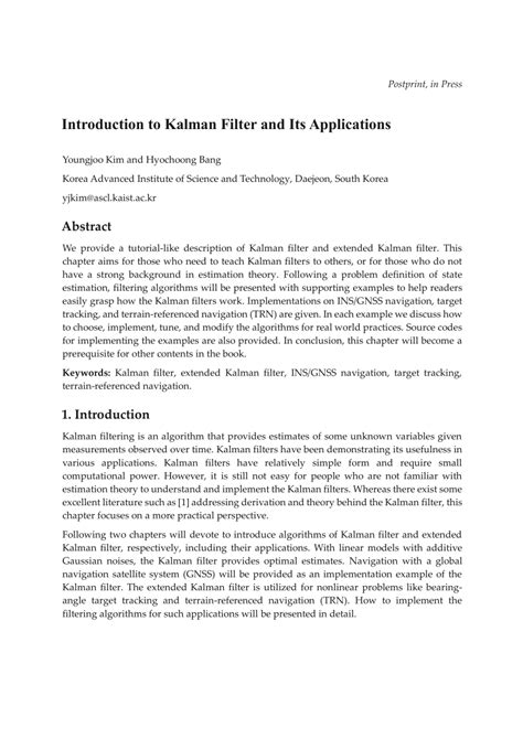 PDF Introduction To Kalman Filter And Its Applications