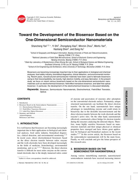Pdf Development Of Biosensors Based On The One Dimensional Semiconductor Nanomaterials