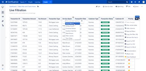 table filter charts and spreadsheets for confluence version history