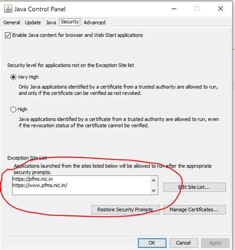 pfms error application blocked by java security cgemployee