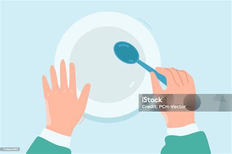 숟가락과 그릇 플랫 벡터 일러스트를 들고 있는 여성의 손 가리기에 대한 스톡 벡터 아트 및 기타 이미지 가리기 개념 개체