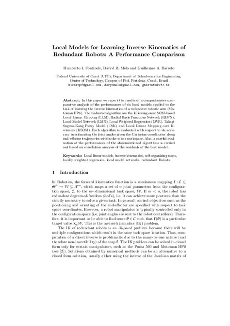 Pdf Local Models For Learning Inverse Kinematics Of Redundant Robots