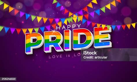 Lgbtq 프라이드의 달 그림 와 무지개 색깔 3d 텍스트 레이블 와 보라색 배경에 다채로운 파티 깃발 사랑은 사랑 인권 또는 다양성 개념입니다 벡터 Lgbt 이벤트 배너