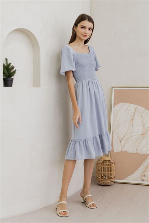 Layla Smocked Midi Dress In Lavender Grey Shopperboard