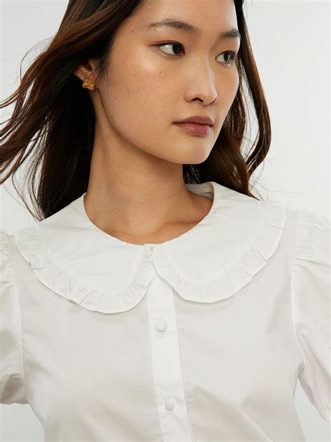 Ruffled Trim Collar Top White Pomelo Fashion