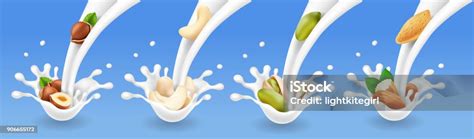 견과류 우유 스플래시 또는 아이스크림에 설정합니다 헤 즐 넛 피스타치오 아몬드 캐슈 아몬드우유에 대한 스톡 벡터 아트 및 기타 이미지 아몬드우유 3차원 형태