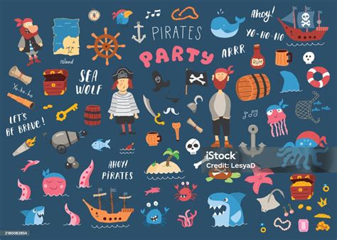 귀여운 해적 요소 컬렉션 만화 바다 모험 아이템 세트 벡터 일러스트 레이 션 보물지도에 대한 스톡 벡터 아트 및 기타 이미지 보물지도 개체 그룹 수병 Istock