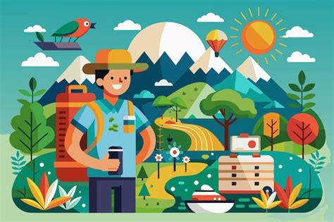 Flatstyle Vector Design Of Ecotourism Guide With Nature Tours Premium