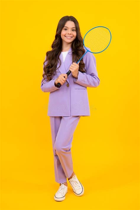 Teen Girl Badminton Player In Suit With Badminton Racket Isolated On