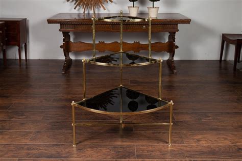 Midcentury Italian Brass Tiered Corner Étagère With Black Glass Shelves