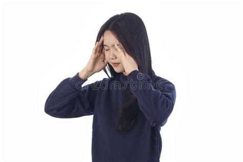 Young Beautiful Woman Has Headache Isolated On White Background Stock