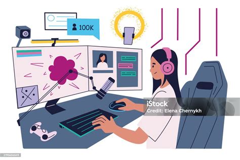 현대 게임 및 스트리밍 설정의 벡터 그림입니다 모니터 마이크 헤드폰 비디오 게임 액세서리가 있는 책상에서 플레이하는 여성 게이머 E스포츠 및 디지털 콘텐츠를 위한 구성