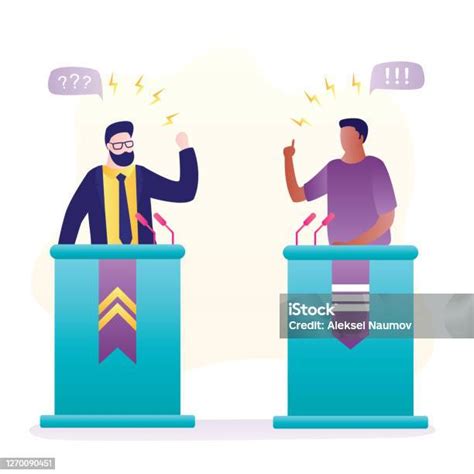 정치적 논쟁 남성 정치인들은 감정적으로 말한다 연단에 있는 아프리카계 미국인과 백인들이 마이크에 대해 이야기합니다 정부에 대한