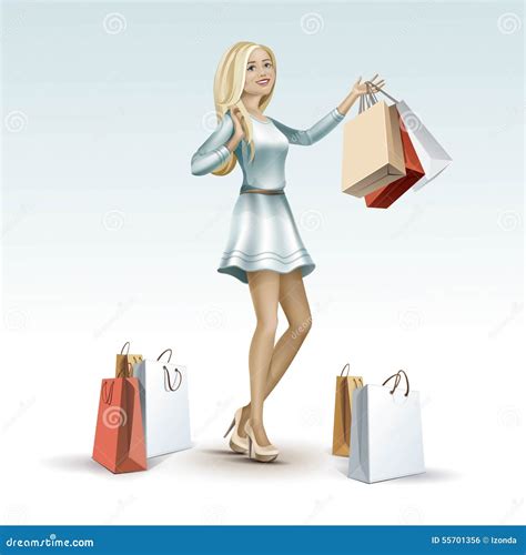Blonde Woman Girl In Dress With Shopping Bags Stock Vector