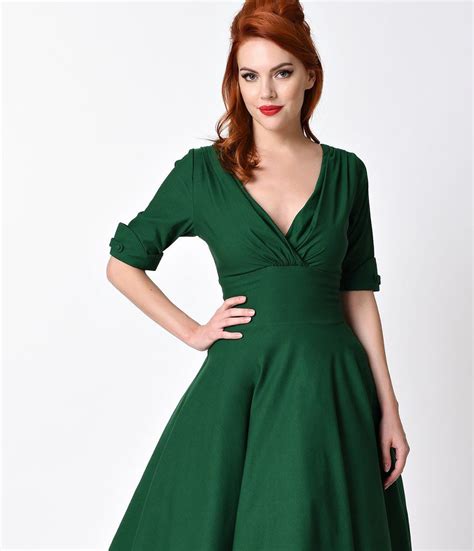 Unique Vintage 1950s Emerald Green Delores Swing Dress With Sleeves
