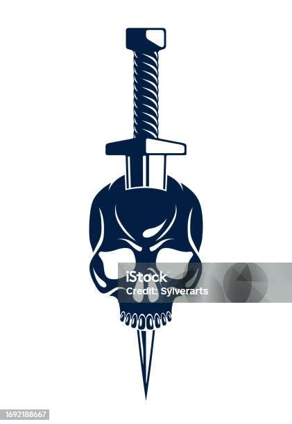 단검 칼 빈티지 벡터 엠블럼 또는 로고에 의해 살해 두개골은 무기 문장의 흰색 빈티지 스타일의 코트에 고립 갱 사인 범죄