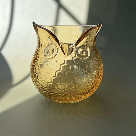 Vintage Amber Hand Blown Art Glass Owl Vase With Honeycomb Hexagon