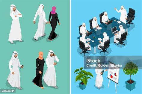 아이소메트릭 사업가 다른 포즈 사우디 아랍 남자와 여자 캐릭터 디자인 자동차 파란색 배경에 고립 벡터 일러스트 레이 션 전통적인 국가 이슬람 옷에 아랍어 비즈니스 사람입니다