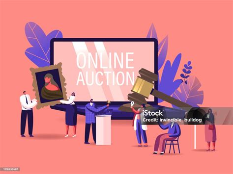 온라인 경매 개념입니다 경매인 인터넷에서 자산을 구입하는 사람들 수집가 거대한 노트북과 망치 들고 상승 입찰 보드에서 작은 남성과 여성 문자 만화 벡터 일러스트레이션 경매에