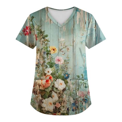 Tqwqt Spring Scrubs Top Summer Floral Print Short Sleeve Blouse Womans