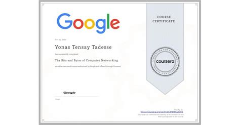 Yonas Tadesse On Linkedin Completion Certificate For The Bits And Bytes Of Computer Networking