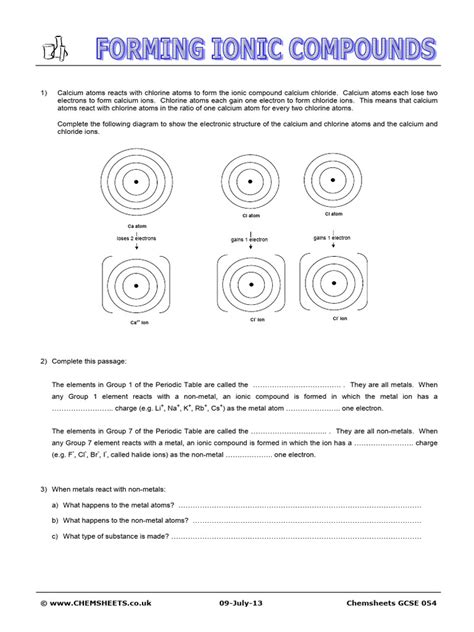 Chemsheets Gcse 054 Forming Ionic Compounds Pdf Chlorine Ion