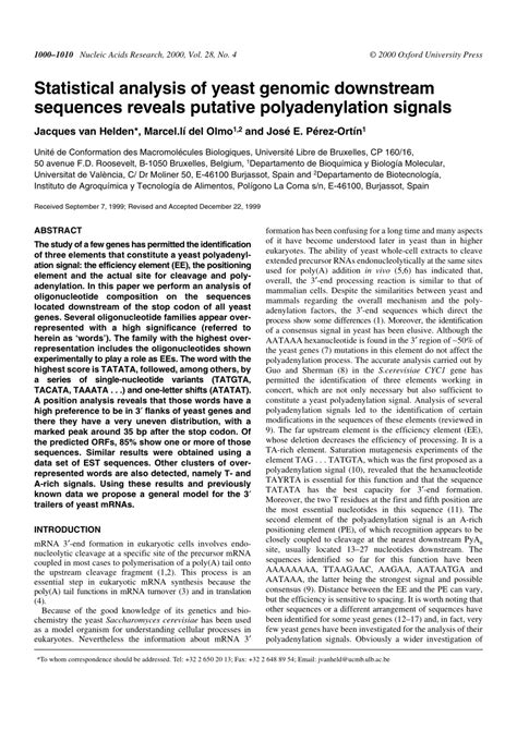 Pdf Statistical Analysis Of Yeast Genomic Downstream Sequences