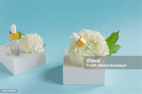 의료 및 화장품 용 유리 드롭퍼 병 2 개와 밝은 파란색 배경에 흰색 부드러운 꽃 꽃 스킨 케어와 Spa 컨셉 0명에 대한 스톡 사진 및 기타 이미지 Istock